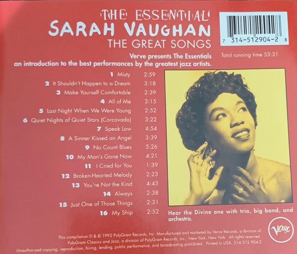 Buy Sarah Vaughan : The Essential Sarah Vaughan: The Great Songs (CD ...